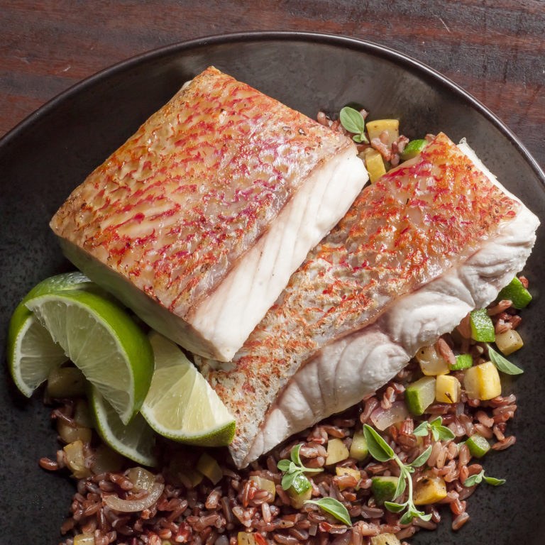 Snapper Portions on a bed of Brown Rice and Vegetables | Panamei Seafood